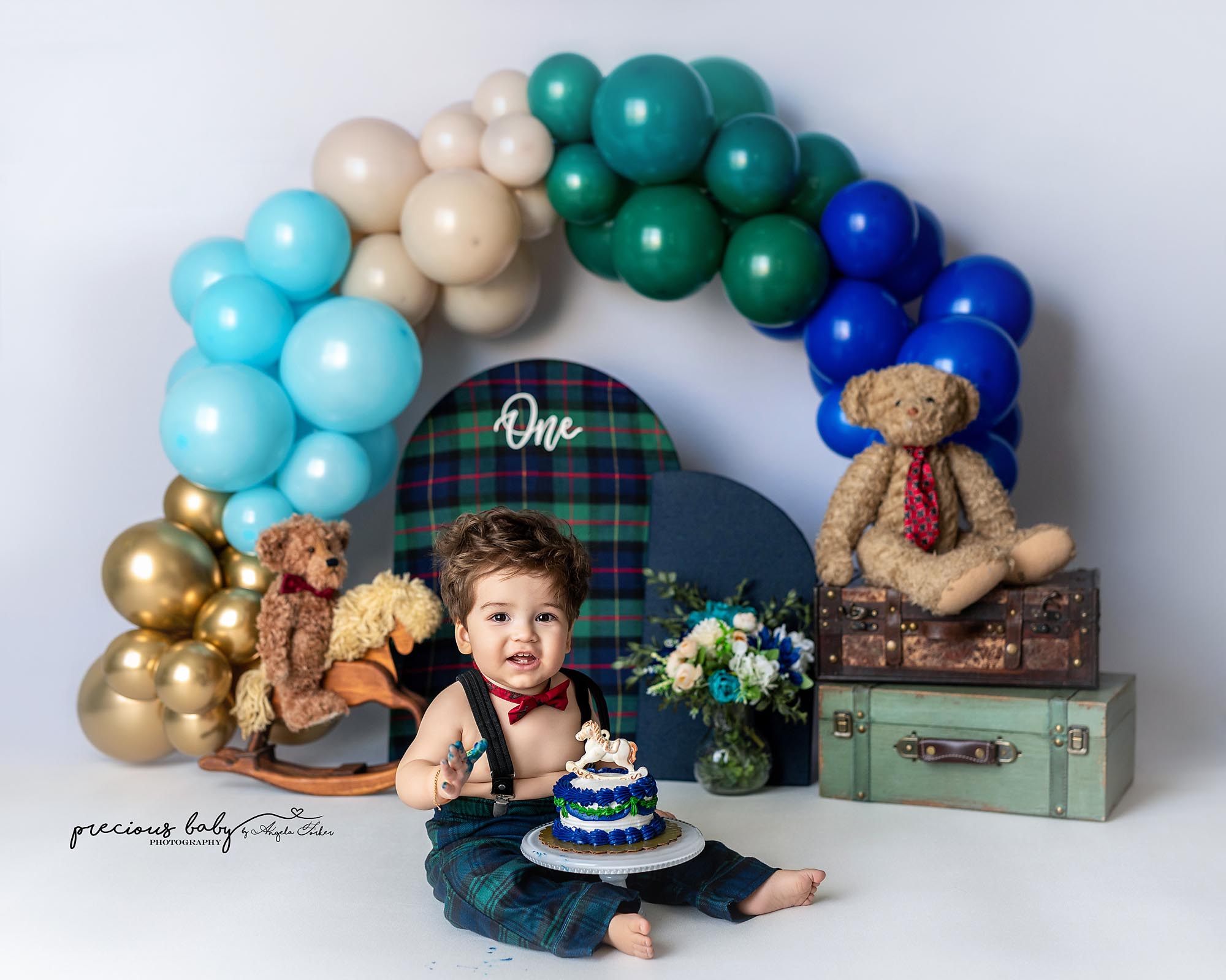 Avezano Plaid Arch "One" Balloon Teddy Bear Gift Photography Backdrop