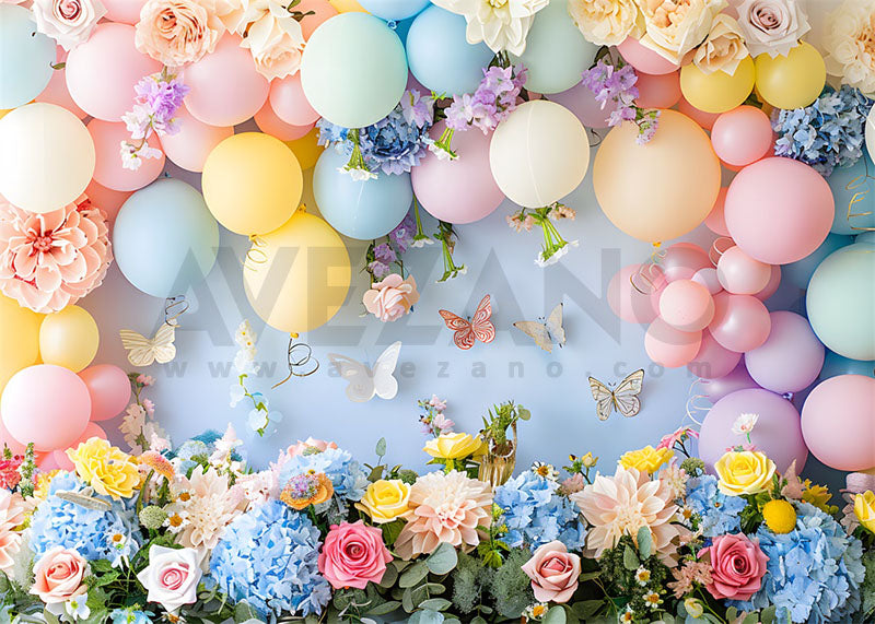 Avezano Colorful Balloons and Flowers Birthday Party Photography Backg