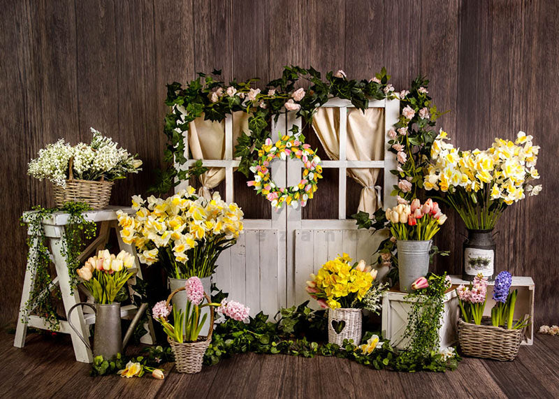 Avezano Spring Flowers Wooden Door Photography Background