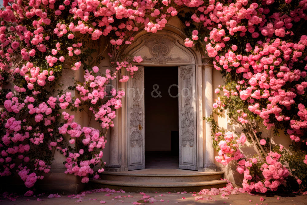 Avezano Pink Flowers in Front of Door Photography Backdrop Designed By
