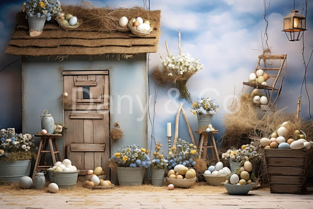 Avezano Easter Blue House and Flower Egg Backdrop Designed By Danyelle