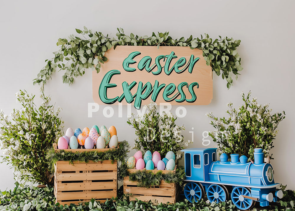 Avezano Easter Express Colorful Eggs And Blue Train Photography Backdr
