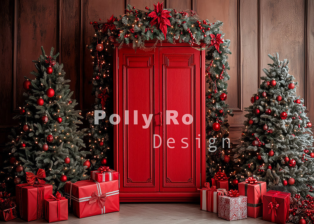 Avezano Christmas Red Wardrobe and Trees Photography Backdrop Designed