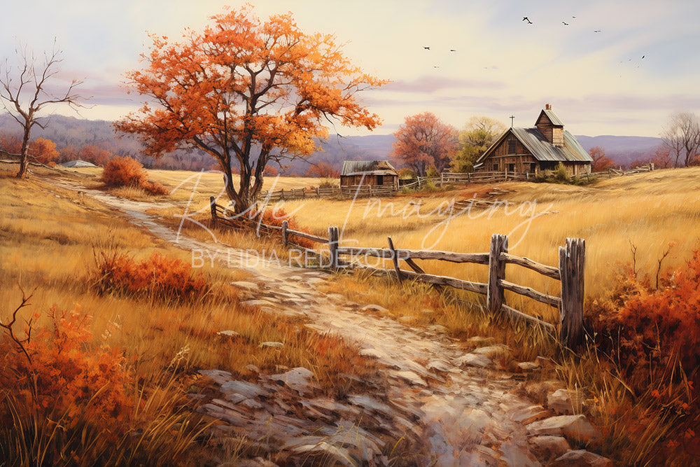 Avezano Autumn Farmhouse Field Path Backdrop Designed By Lidia Redekop