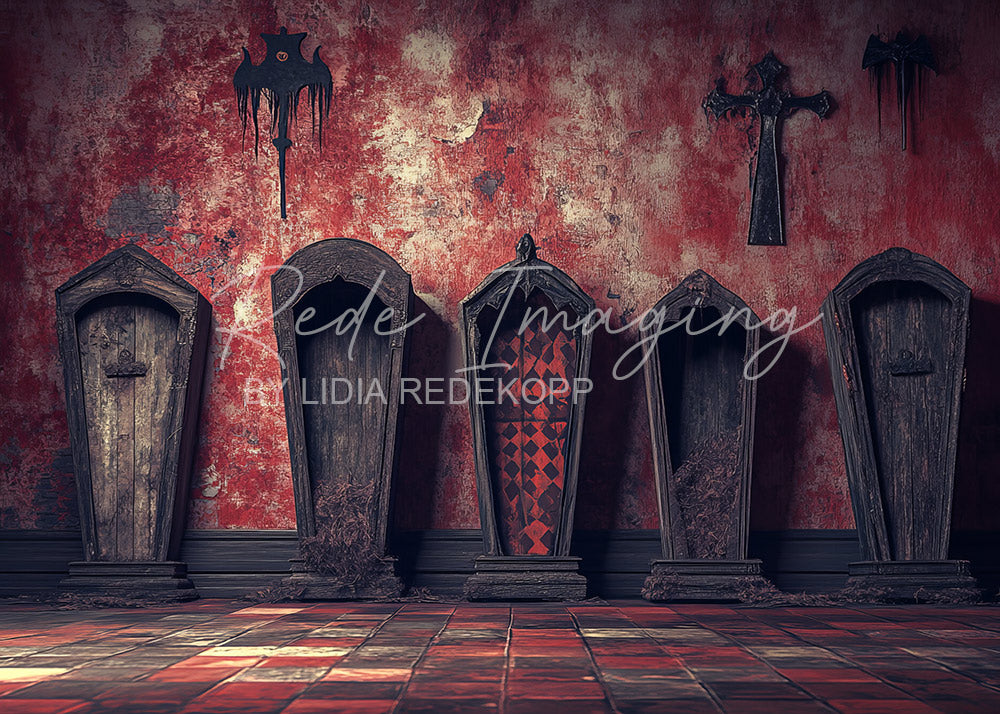 Avezano Gothic Coffin Red Wall Backdrop Designed By Lidia Redekopp