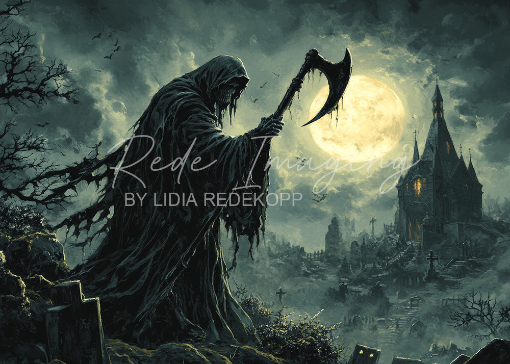 Avezano Grim Reaper Moonlit Castle Graveyard Backdrop Designed By Lidi