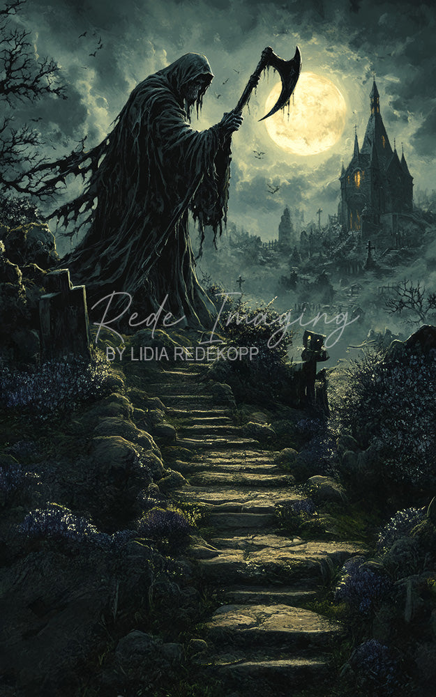 Avezano Grim Reaper Moonlit Castle Path Photography Backdrop Designed