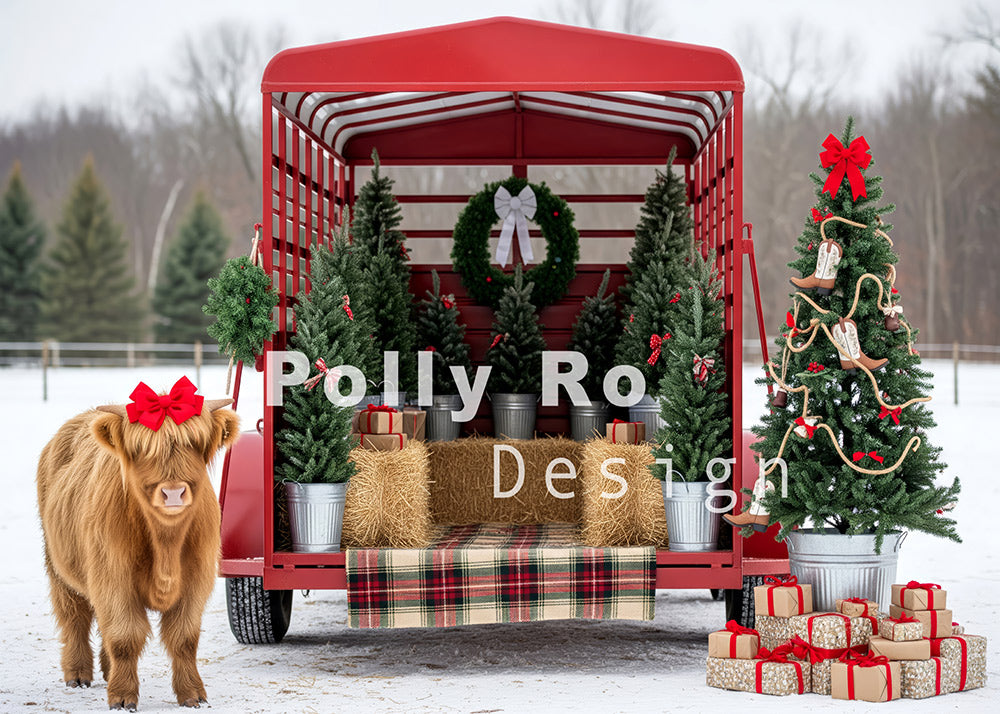 Avezano Highland Cow Red Wagon Christmas Photography Backdrop Designed