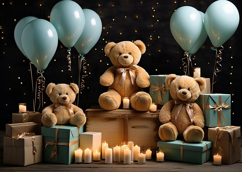 Avezano Blue Gift and Bear Birthday Photography Background