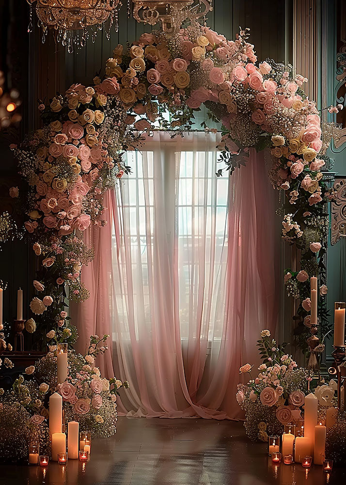 Avezano Spring Wedding Pink Flower Arch and Pink Curtains Photography