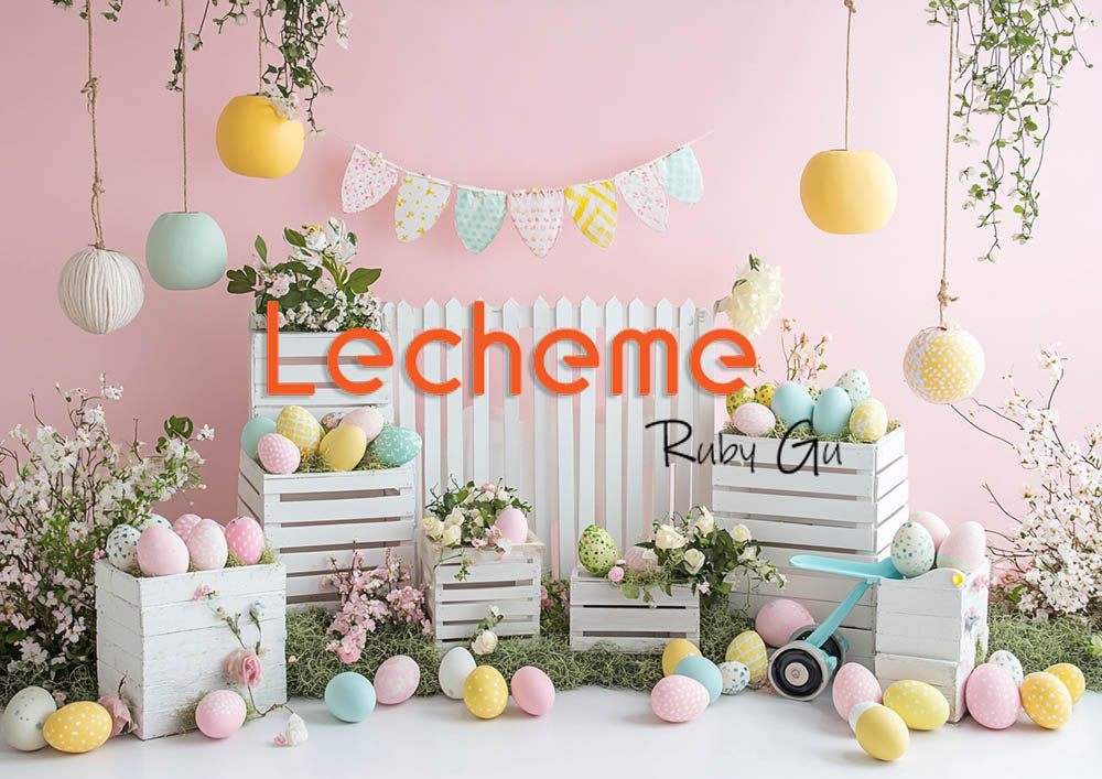 Avezano Easter White Picket Fence Eggs and Flowers Pink Photography Ba