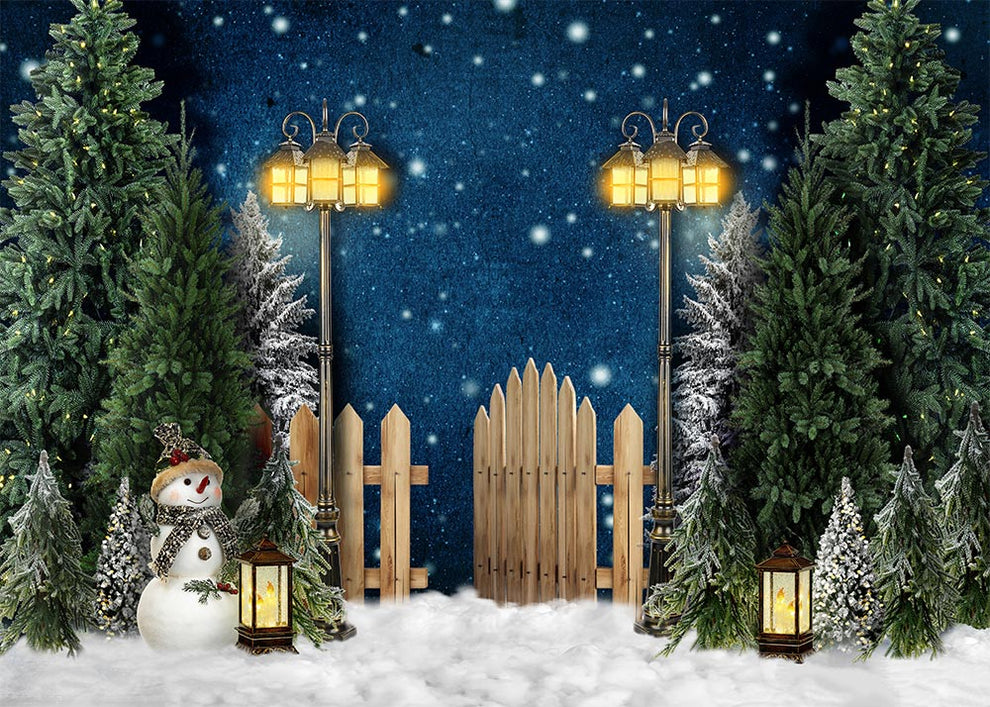Avezano Christmas Snow Scene Snowman Street Lamp Wooden Fence