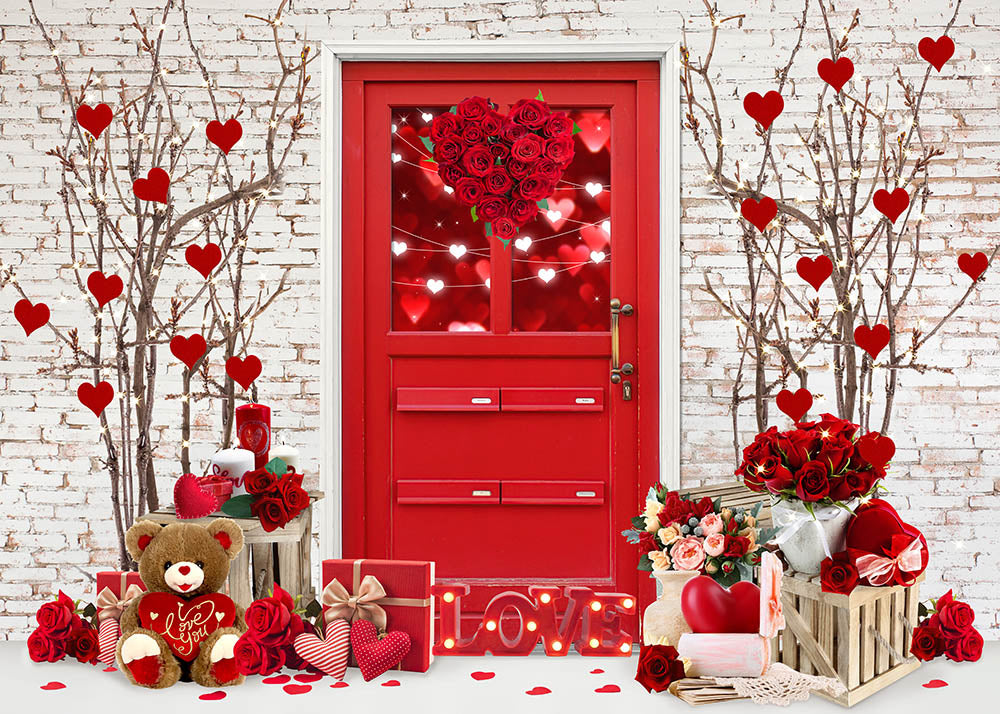 Avezano Valentine'S Day Roses And Red Room Door Photography Backdrop